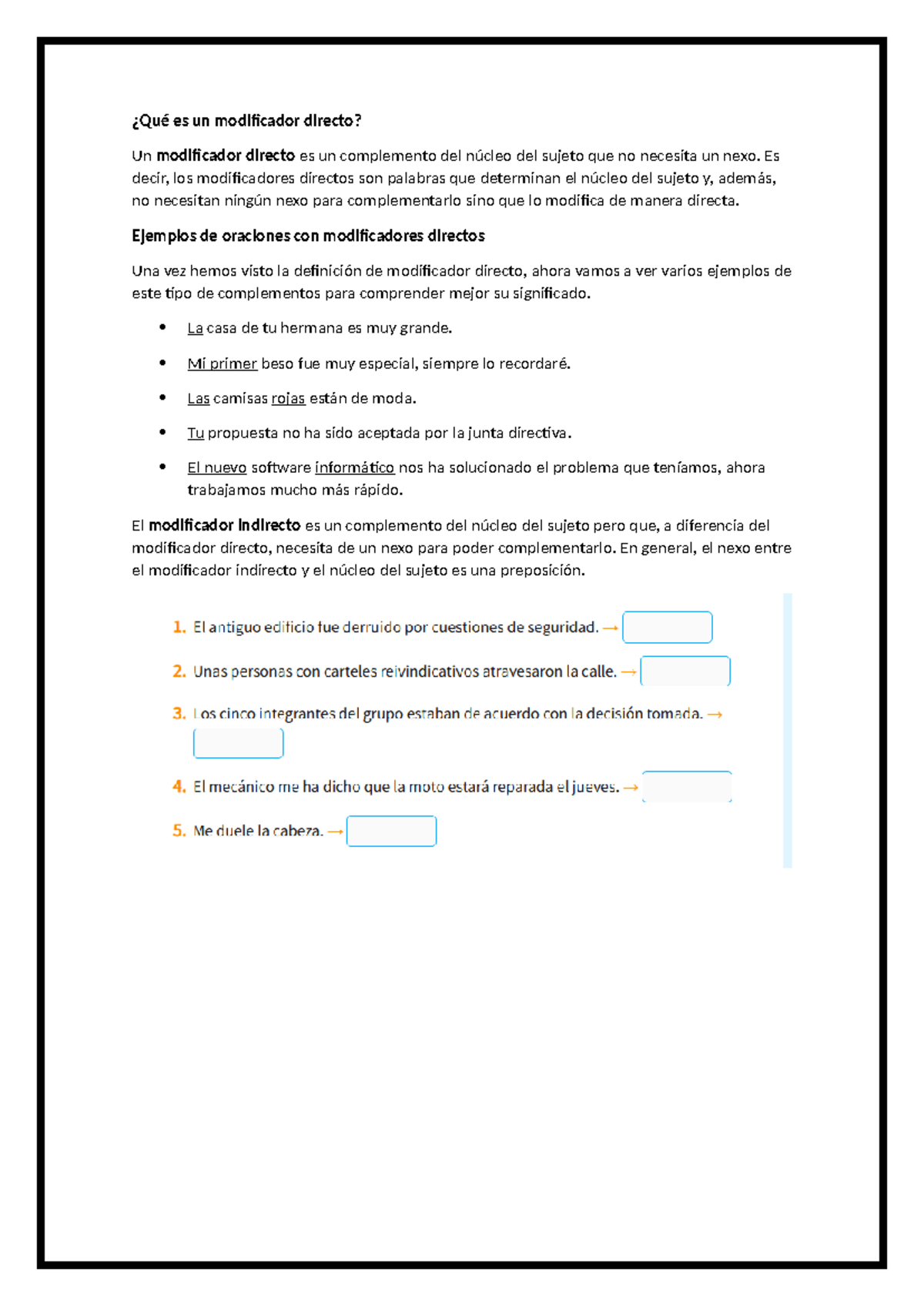 Qué es un Modificador Directo: Definición y Ejemplos - Studocu