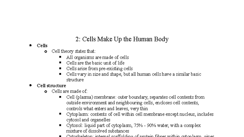 Chapter 2: Cells and Their Structure in the Human Body - Studocu