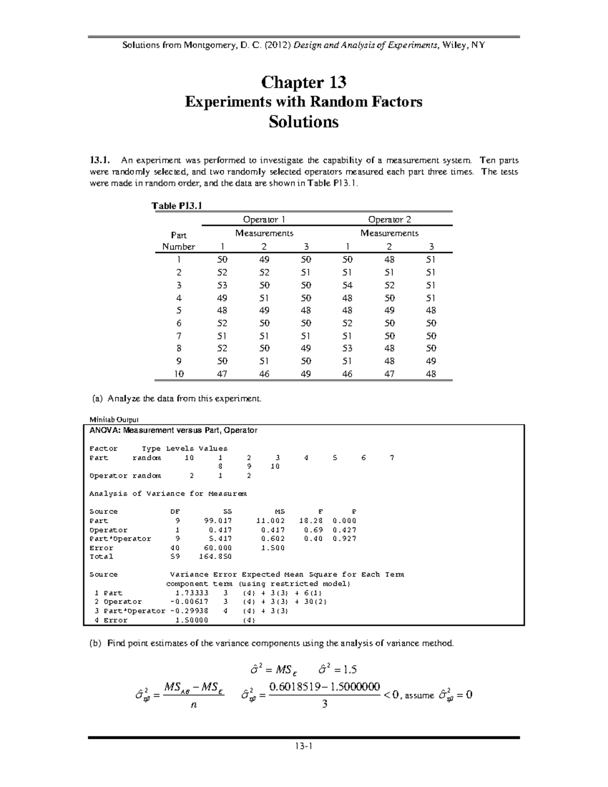 Ch13 - Solution manual chapter 13 - Chapter 13 Experiments with Random Factors Solutions An ...