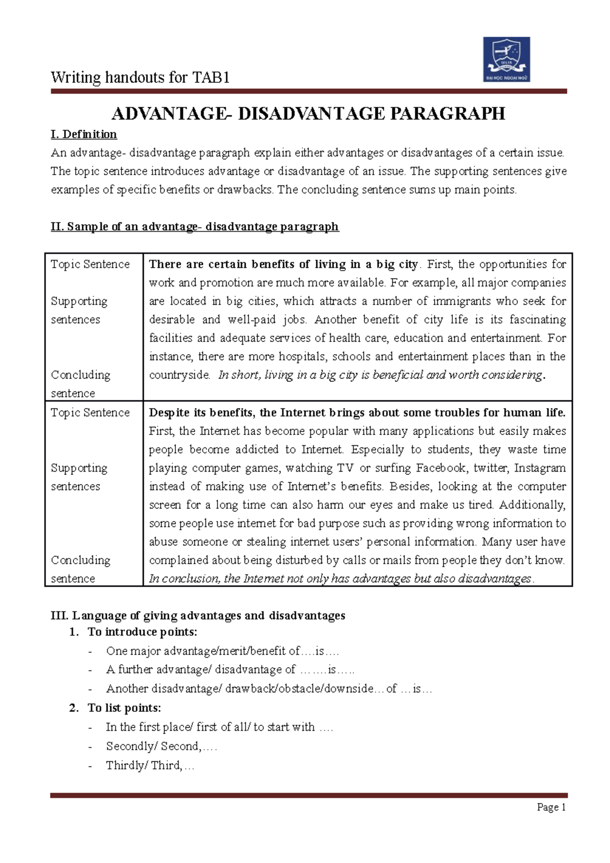 Writing week 11 - Writting English B1 - Writing handouts for TAB ...