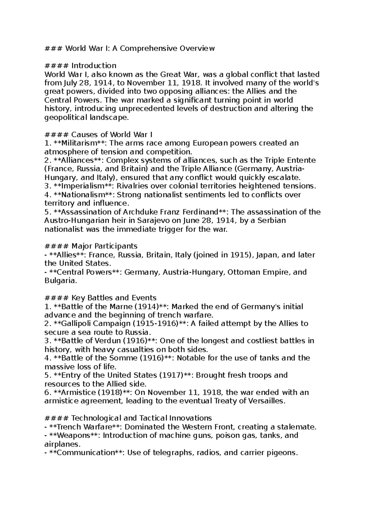 World War I - World War I: A Comprehensive Overview Introduction World ...