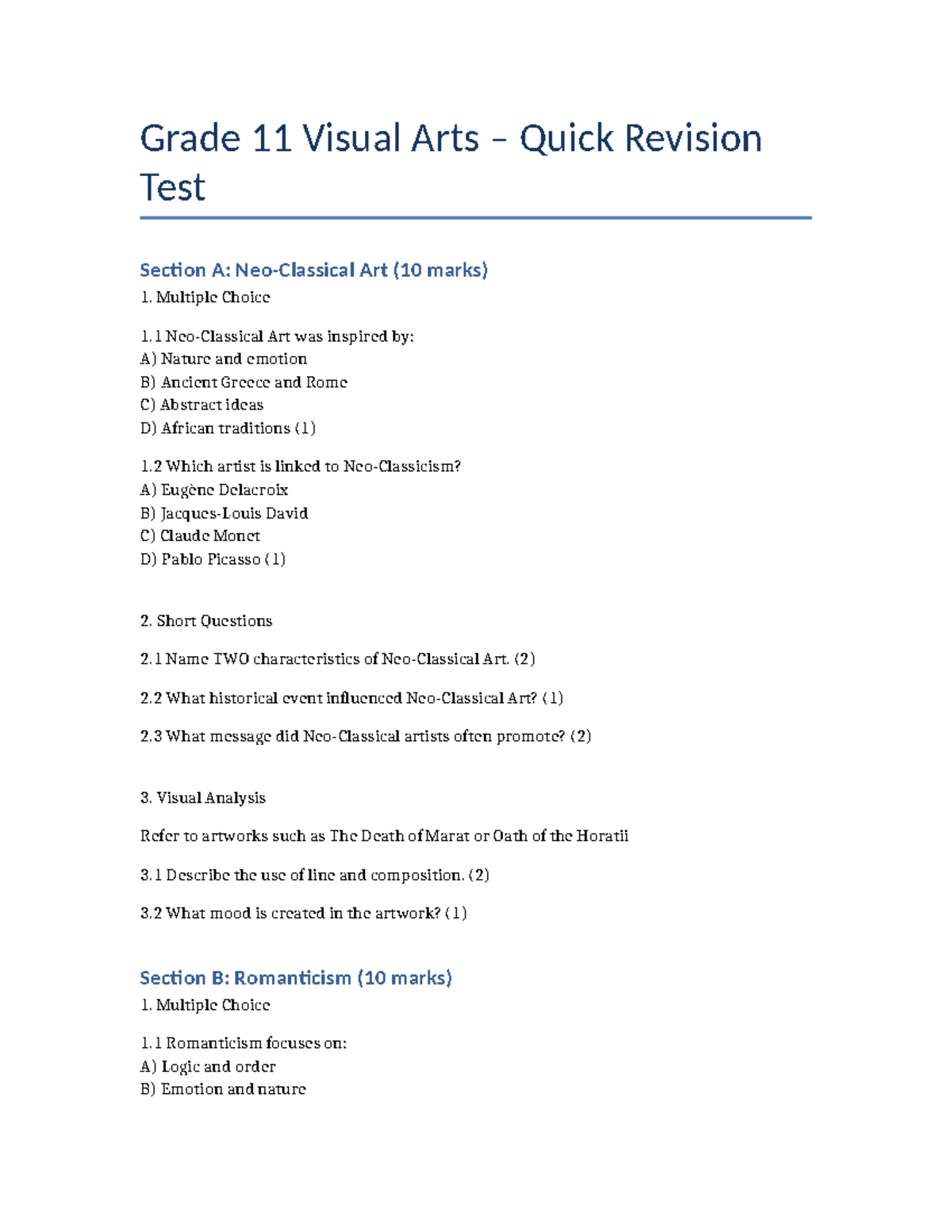 Grade 11 Visual Arts Quick Revision Test: Key Concepts & Analysis - Studocu