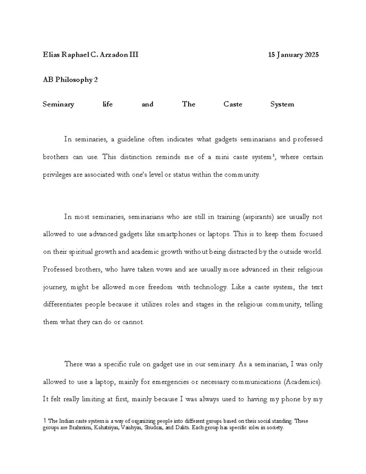 AB Philosophy 2: Seminary Life and the Caste System Insights - Studocu