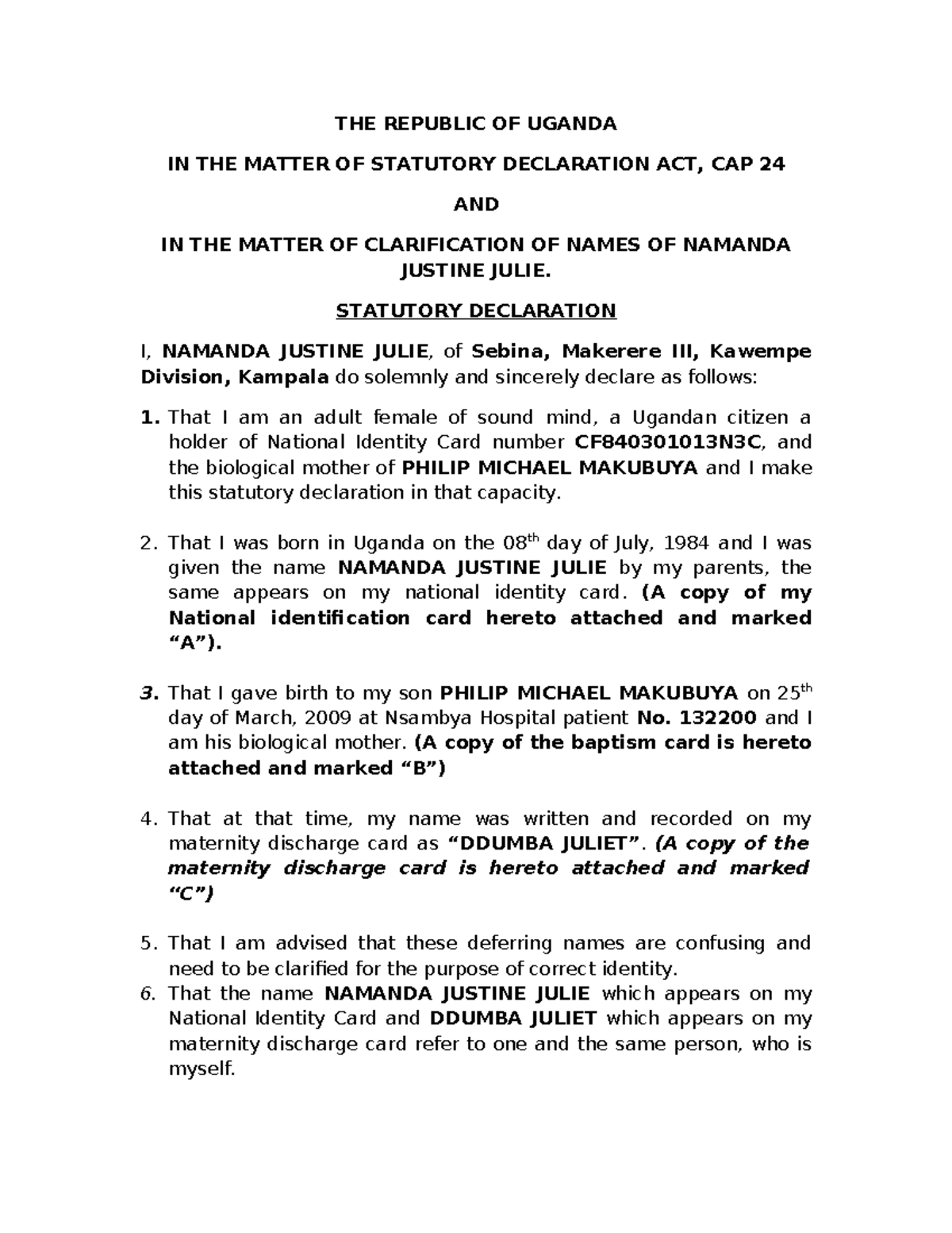 Statutory Declaration: Clarification of Names for Namanda Justine Julie ...