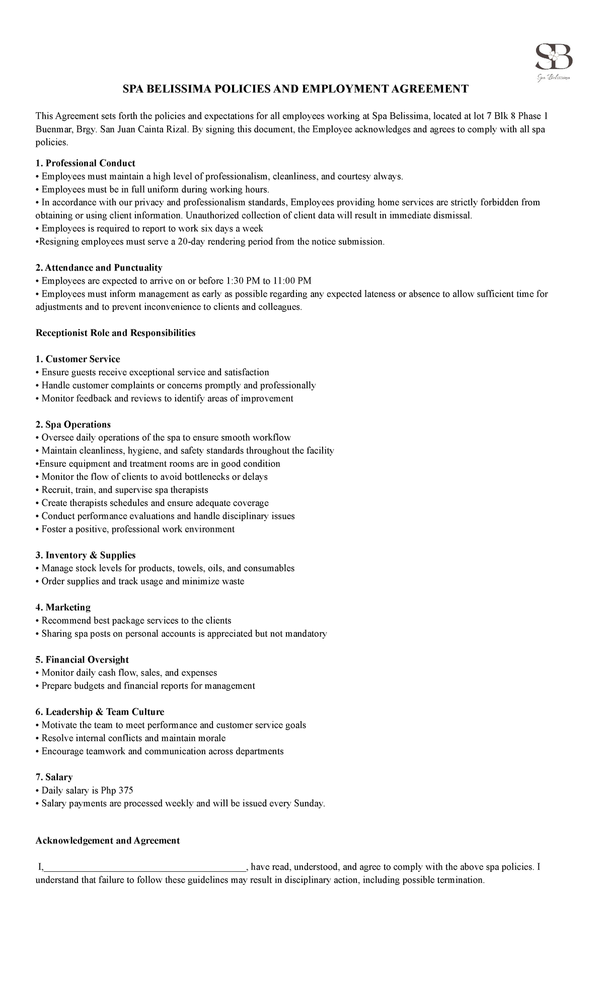 SPA BELISSIMA Employee Policies & Receptionist Agreement - Studocu