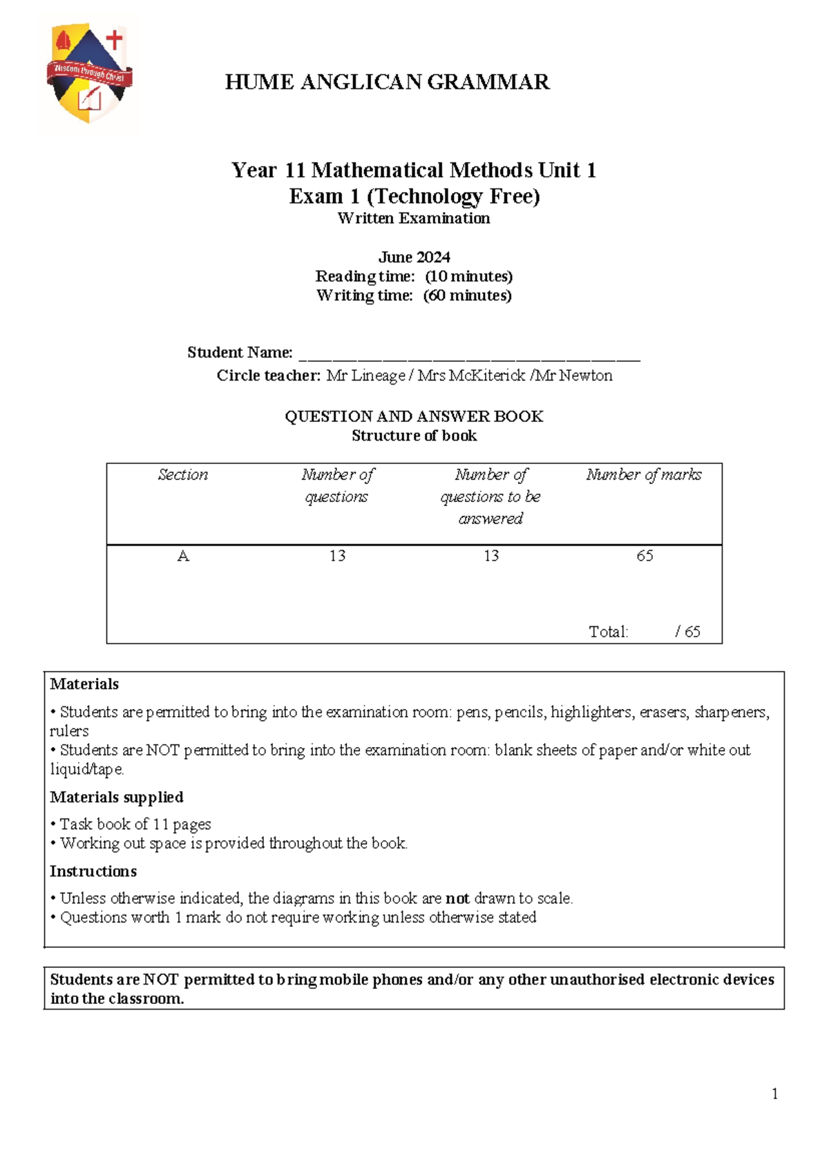 2024 HUME ANGLICAN GRAMMAR Year 11 MM Unit 1 Exam 1 Solutions - Studocu
