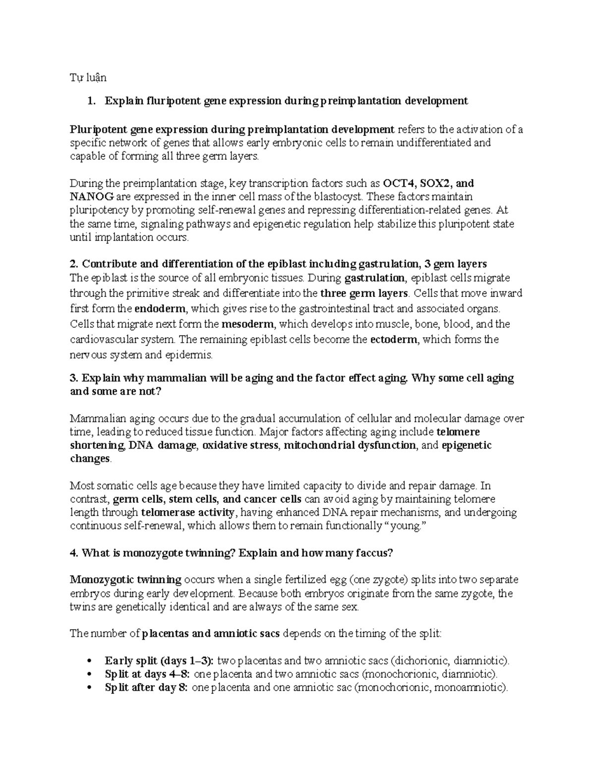 Final Exam: Developmental Biology (BIO 101) - Key Concepts and ...