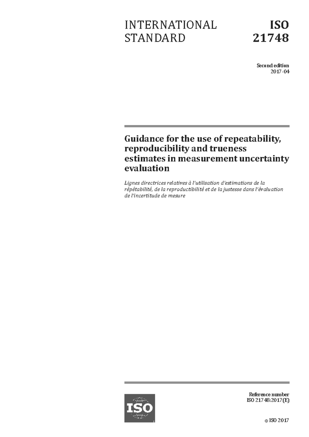 ISO 21748:2017 Guidance on Measurement Uncertainty Evaluation - Studocu