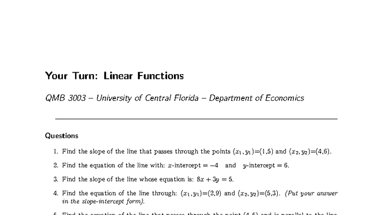 Your Turn: Linear Functions QMB 3003 - Module 1 Chapter 1 - Studocu
