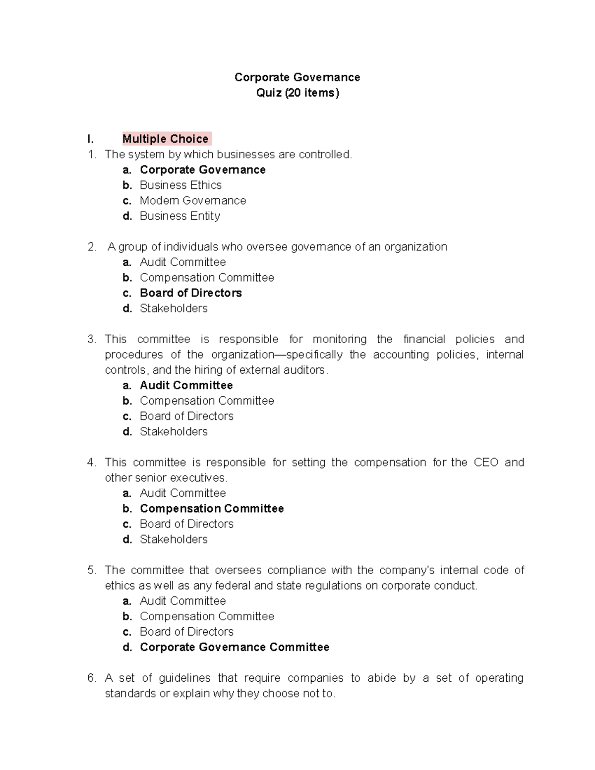 Good Governance and Social Responsibility Practice Questions ...