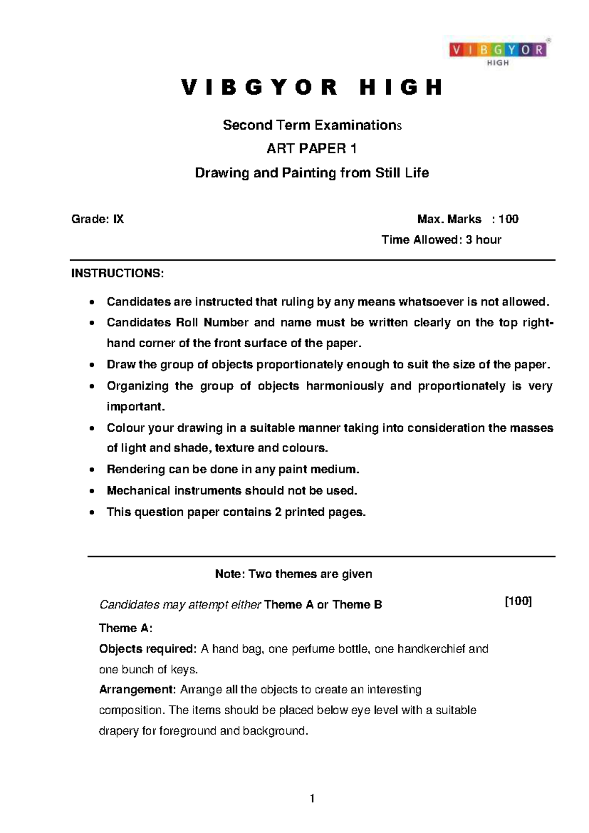 VIBGYOR HIGH Grade IX Term 2 Exam Papers: Art, Biology & Chemistry ...