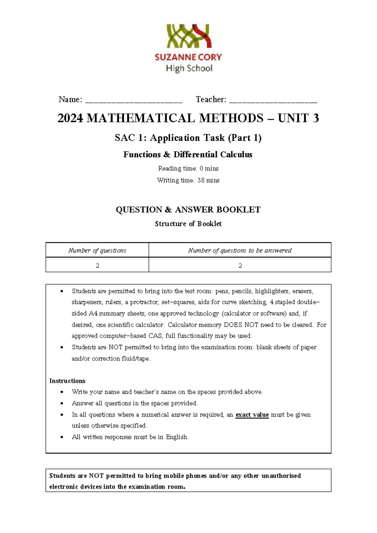 2024 MATHEMATICAL METHODS UNIT 3 SAC 1: Application Task on Functions and - Studocu
