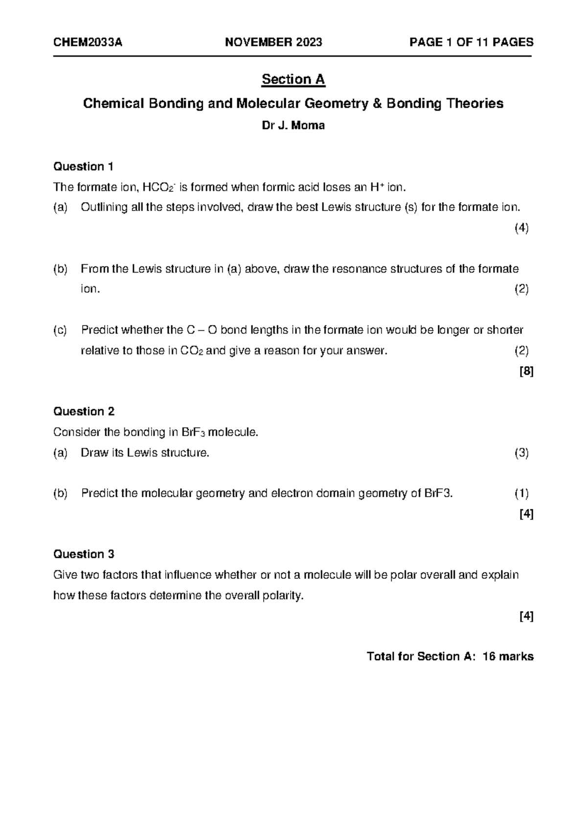 CHEM2033A FINAL EXAM NOV 2023: CHEMICAL BONDING & ORGANIC CHEMISTRY ...