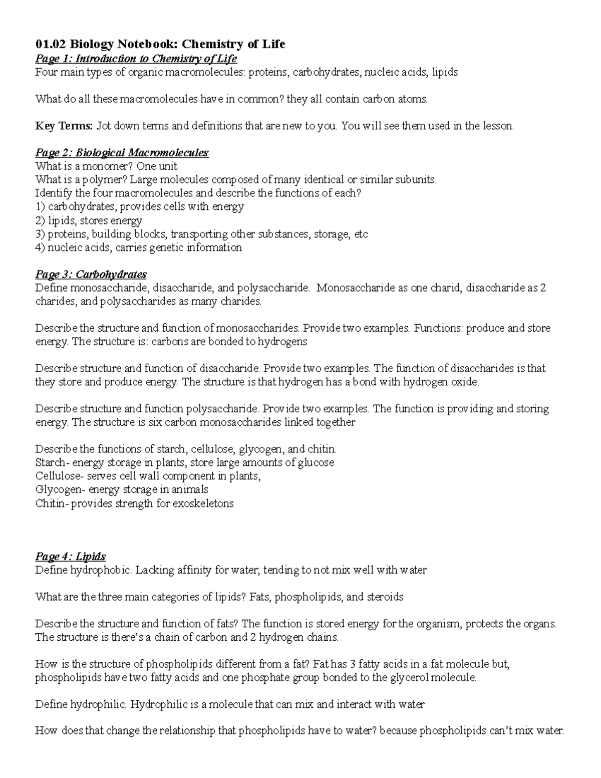 1.02 Chemistry of Life - Detailed Class Notes and Key Concepts - Studocu