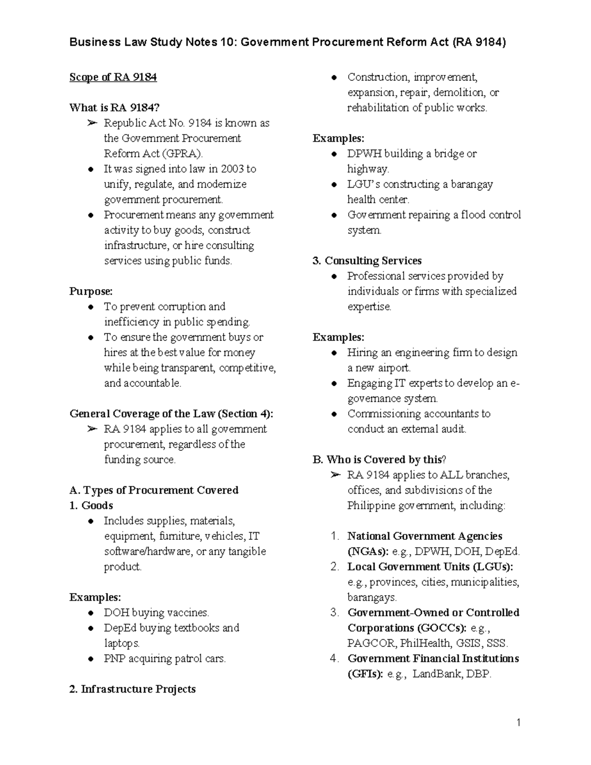 Business Law Study Notes 10: Overview of RA 9184 - Government ...