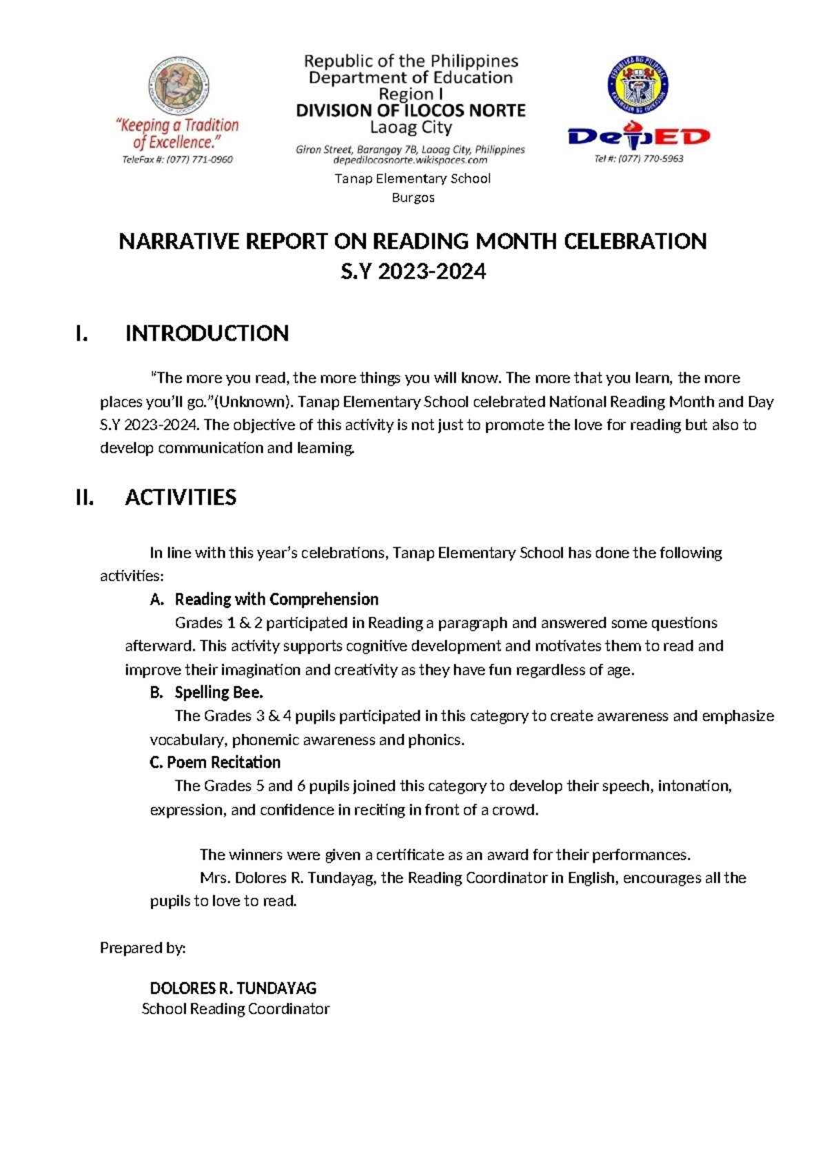 Narrative reading month - Tanap Elementary School Burgos NARRATIVE ...