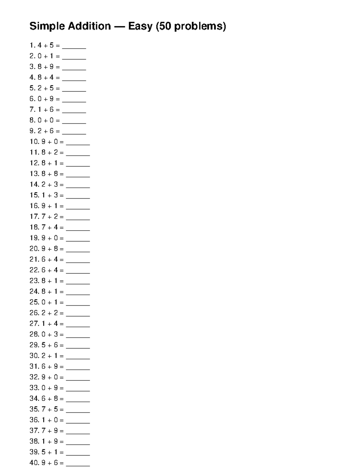 Simple Addition Practice (50 Problems) - Studocu