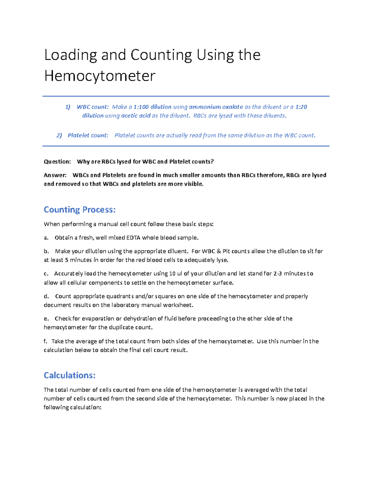 Manual WBC & Platelet Counting Techniques Using Hemocytometer - Studocu