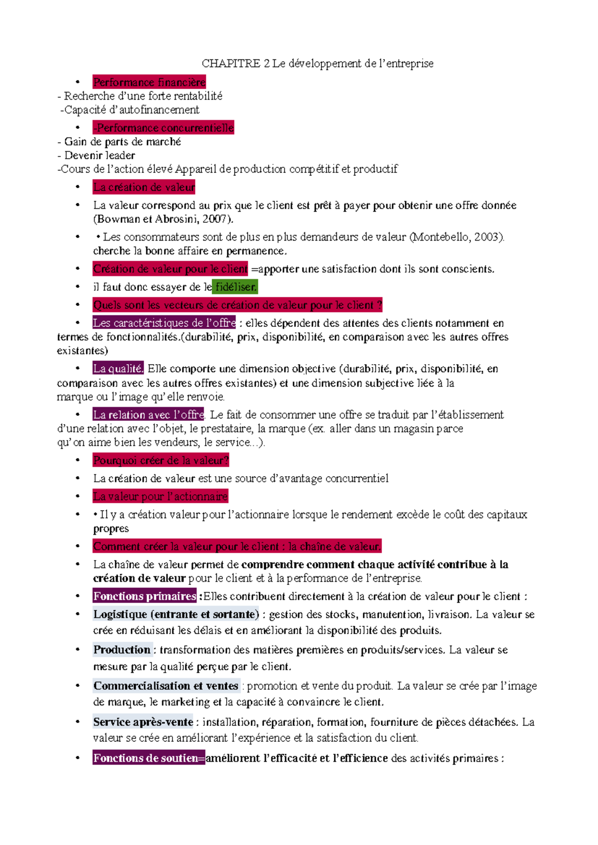 CHAPITRE 2 - FICHE DE REVISION sur la Création de Valeur et Performance ...