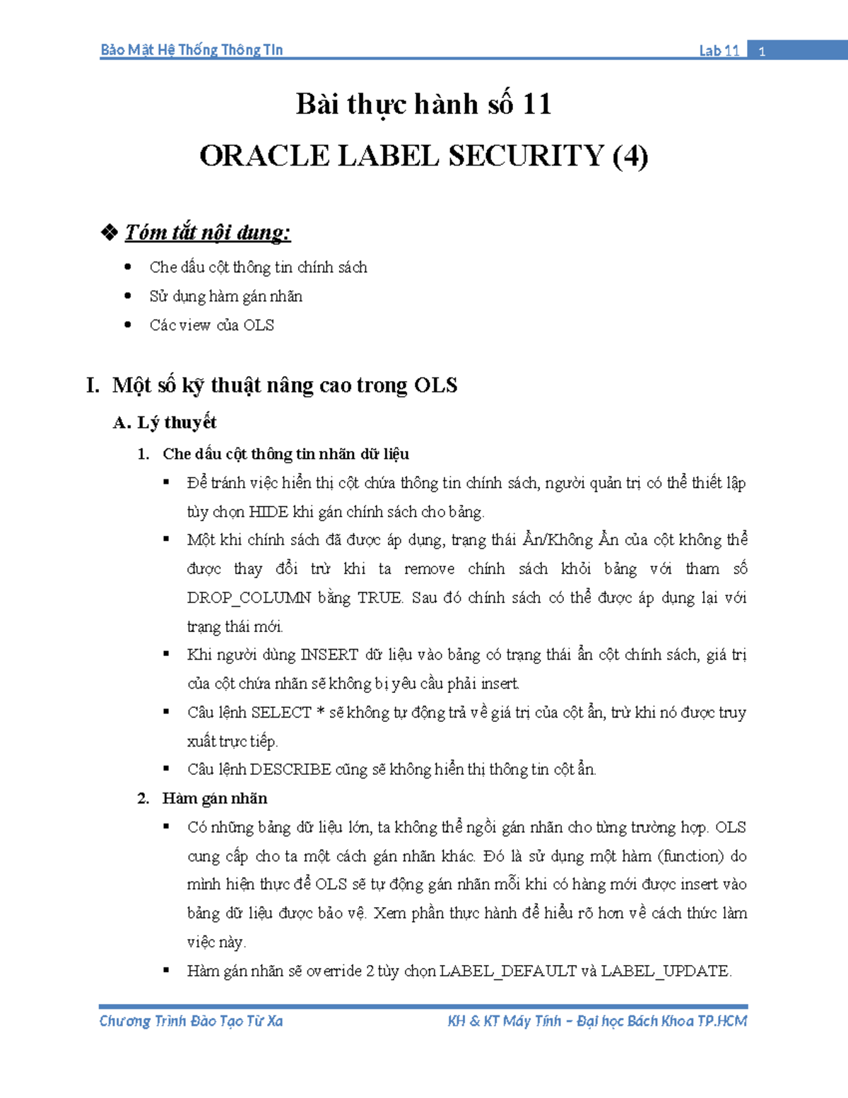 Lab 11: Oracle Label Security Techniques and Practices (OLS) - Studocu