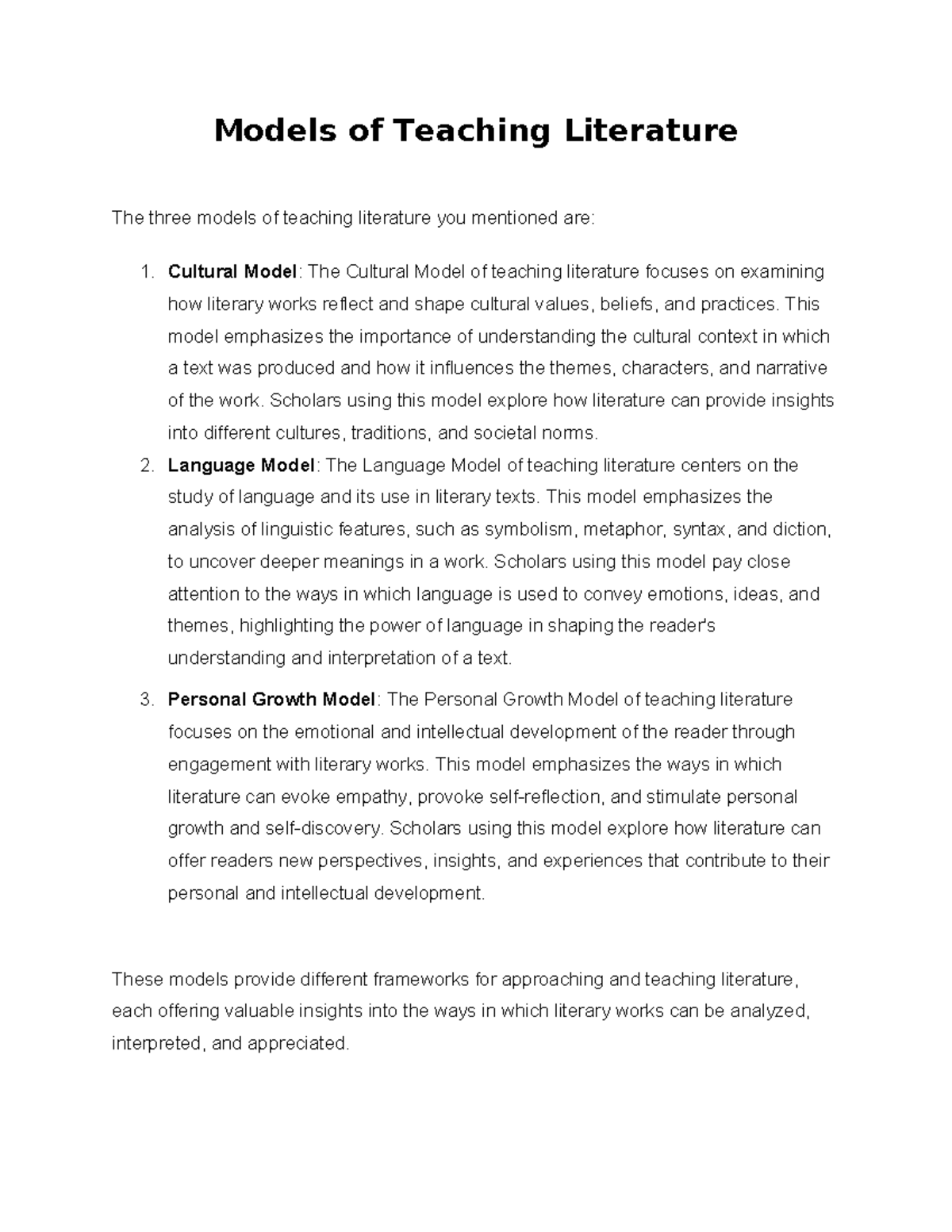 Teaching Literature Models: Cultural, Language & Personal Growth - Studocu