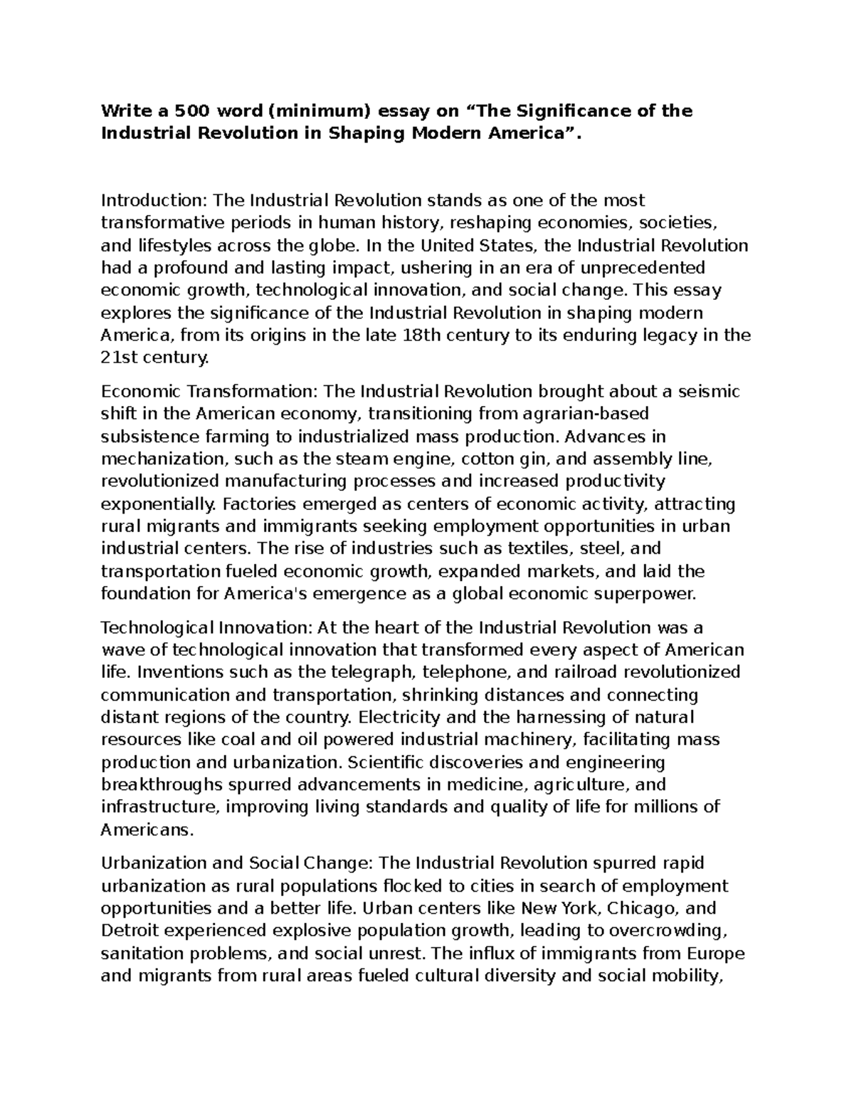 USH 6 - Essay on the Significance of the Industrial Revolution - Studocu