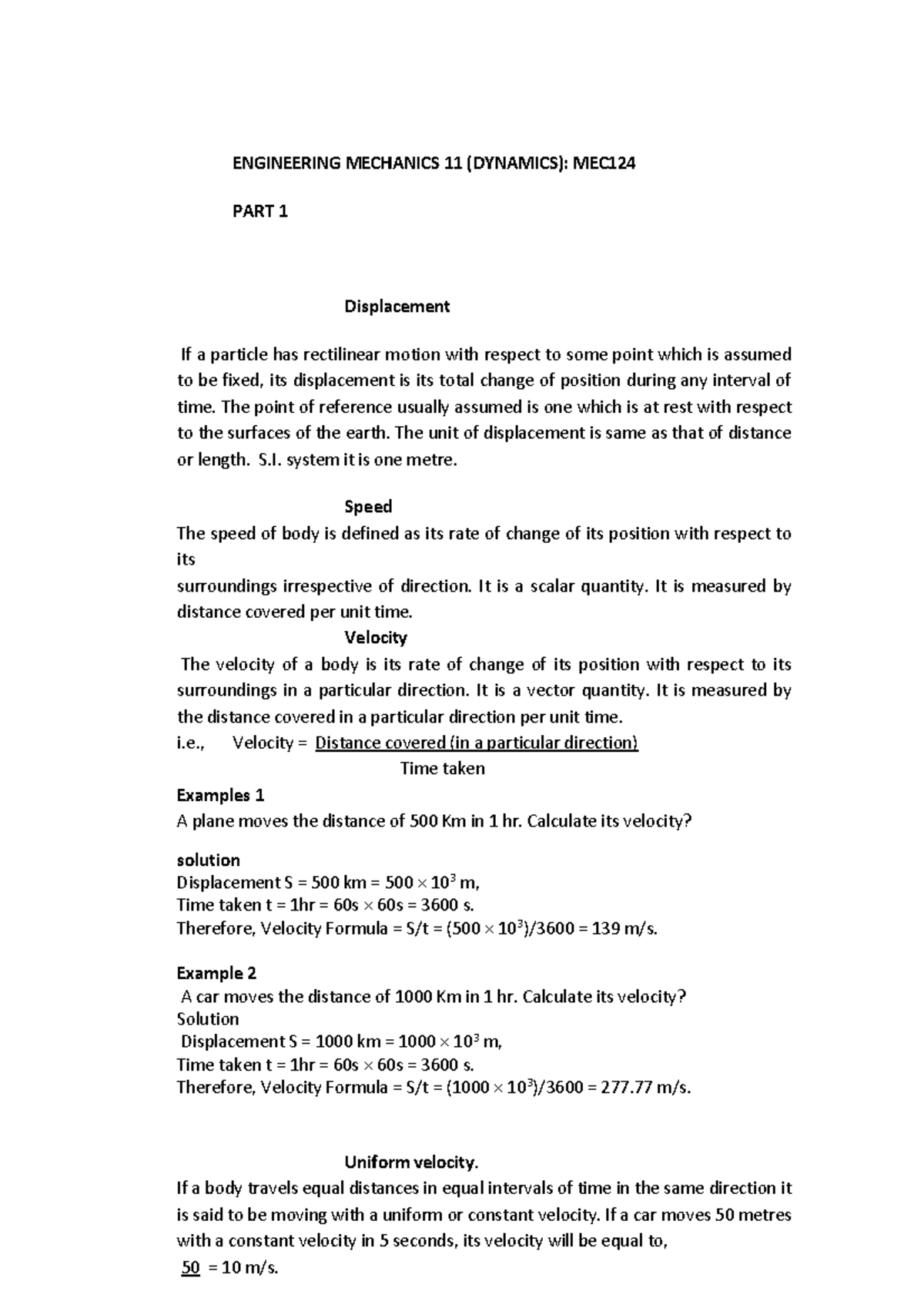 MEC124 Engineering Mechanics 11: Dynamics - Displacement and Motion ...