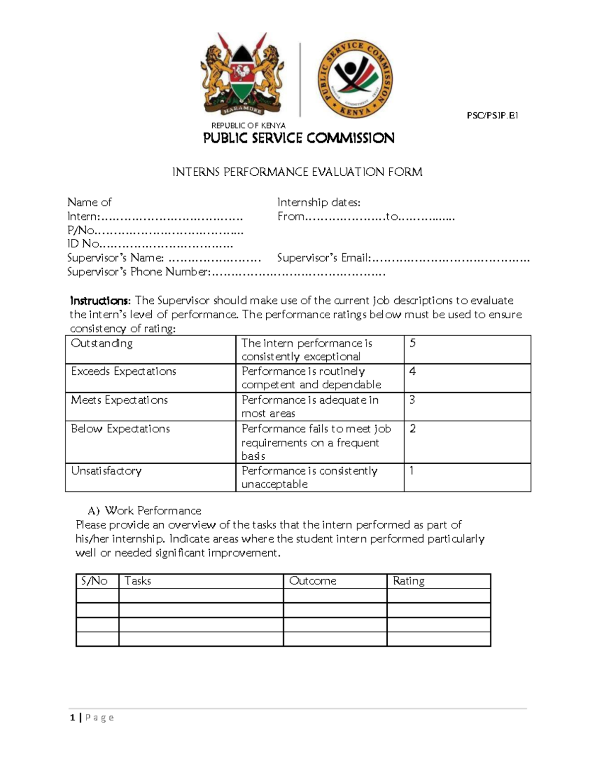 PSC.PSIP.E1 - Quarterly Performance Evaluation Form for Interns - Studocu