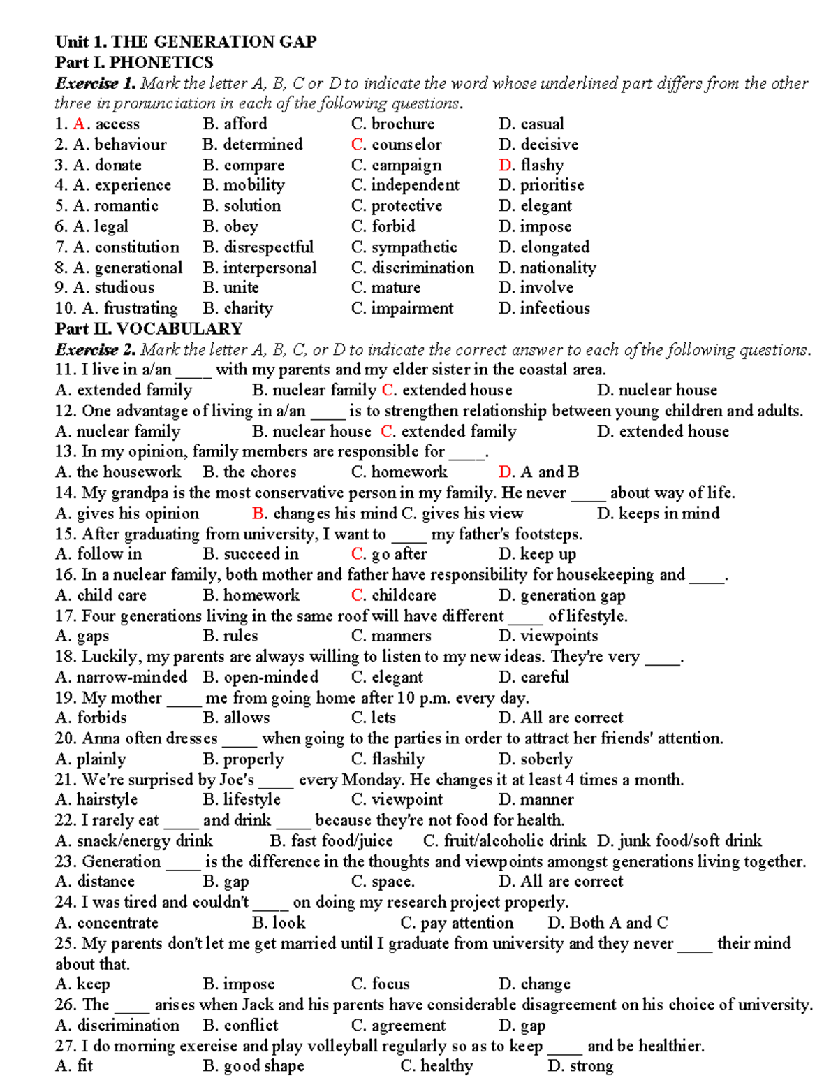 Unit 1: The Generation Gap - Phonetics & Vocabulary Exercises (BT Tieng ...