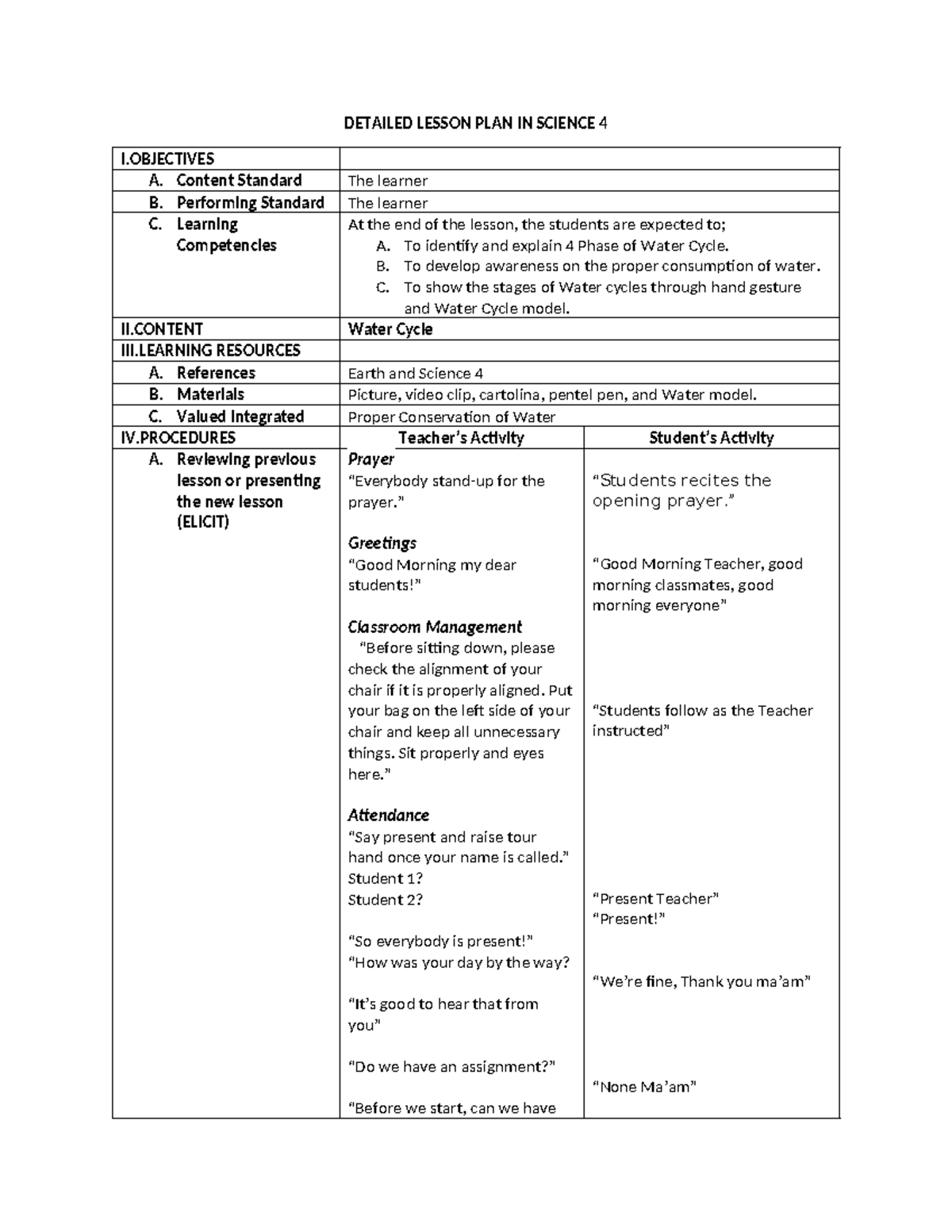 Detailed Lesson Plan for Science 4: Understanding the Water Cycle - Studocu