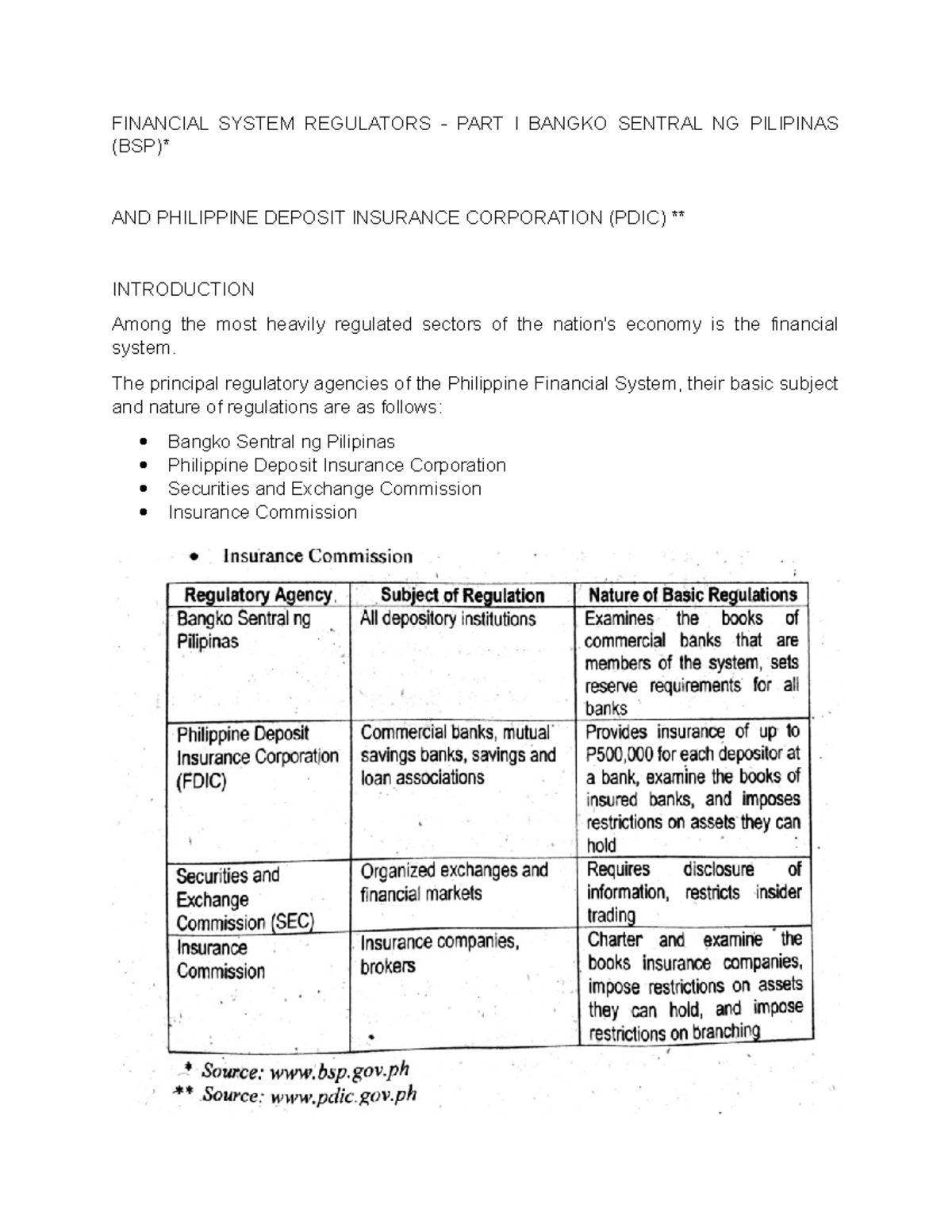 BSP and PDIC - Financial System Regulators Lecture Notes - Studocu
