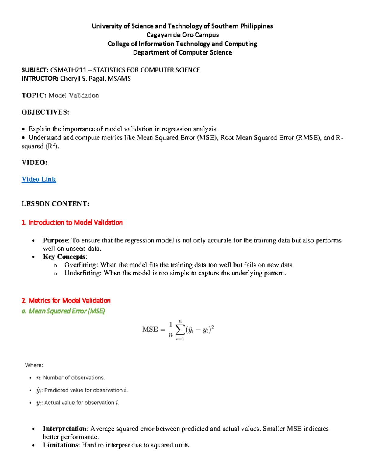 Csmath 211 Lecture 13 Model Validation - University of Science and ...