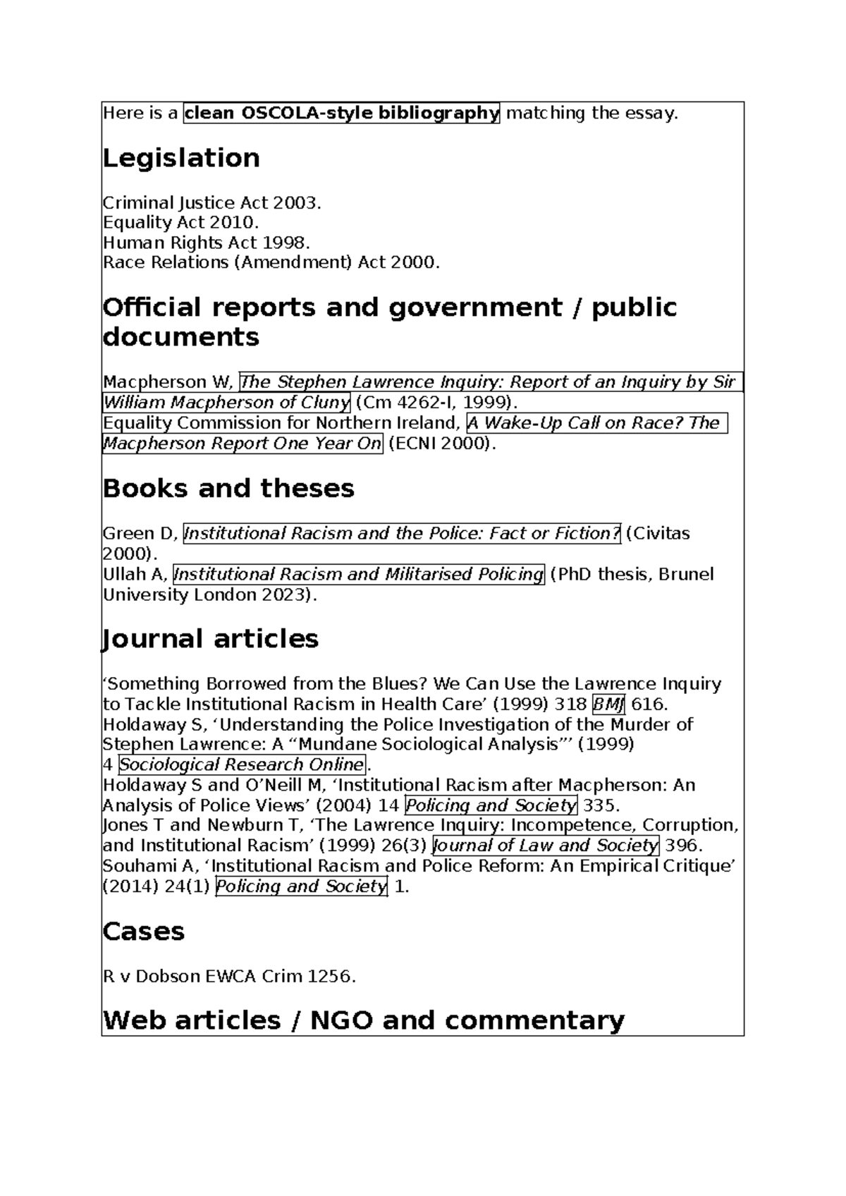 Bibliography for Essay on Criminal Justice Legislation and Racism - Studocu