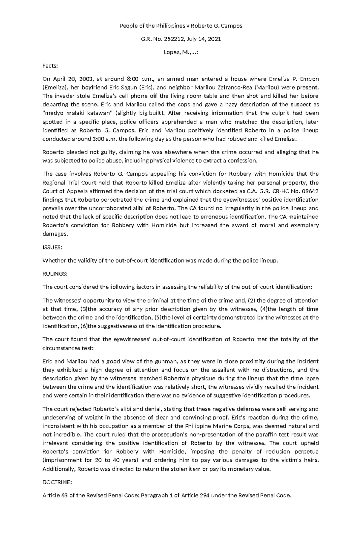 CRIM-GR-No.-252212 - Case Study: People v. Campos on Robbery with ...