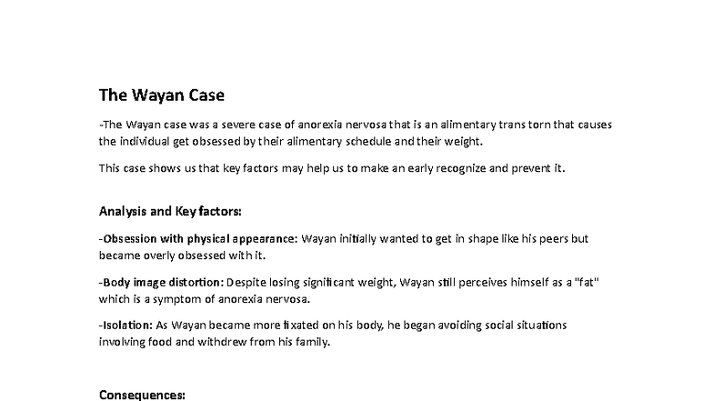 The Wayan Case Study: Anorexia Nervosa Analysis and Insights - Studocu