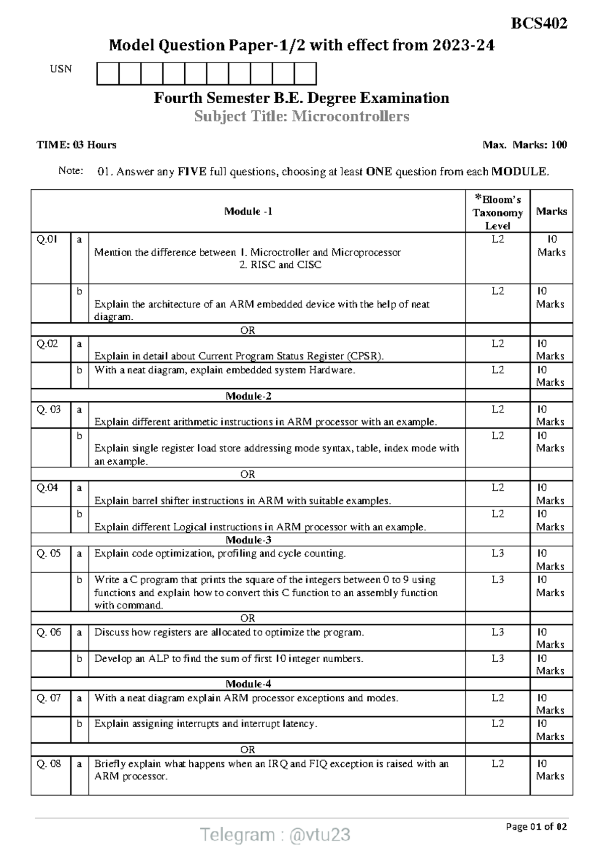 BCS402 Microcontrollers Model Question Paper (2023-24) - Studocu