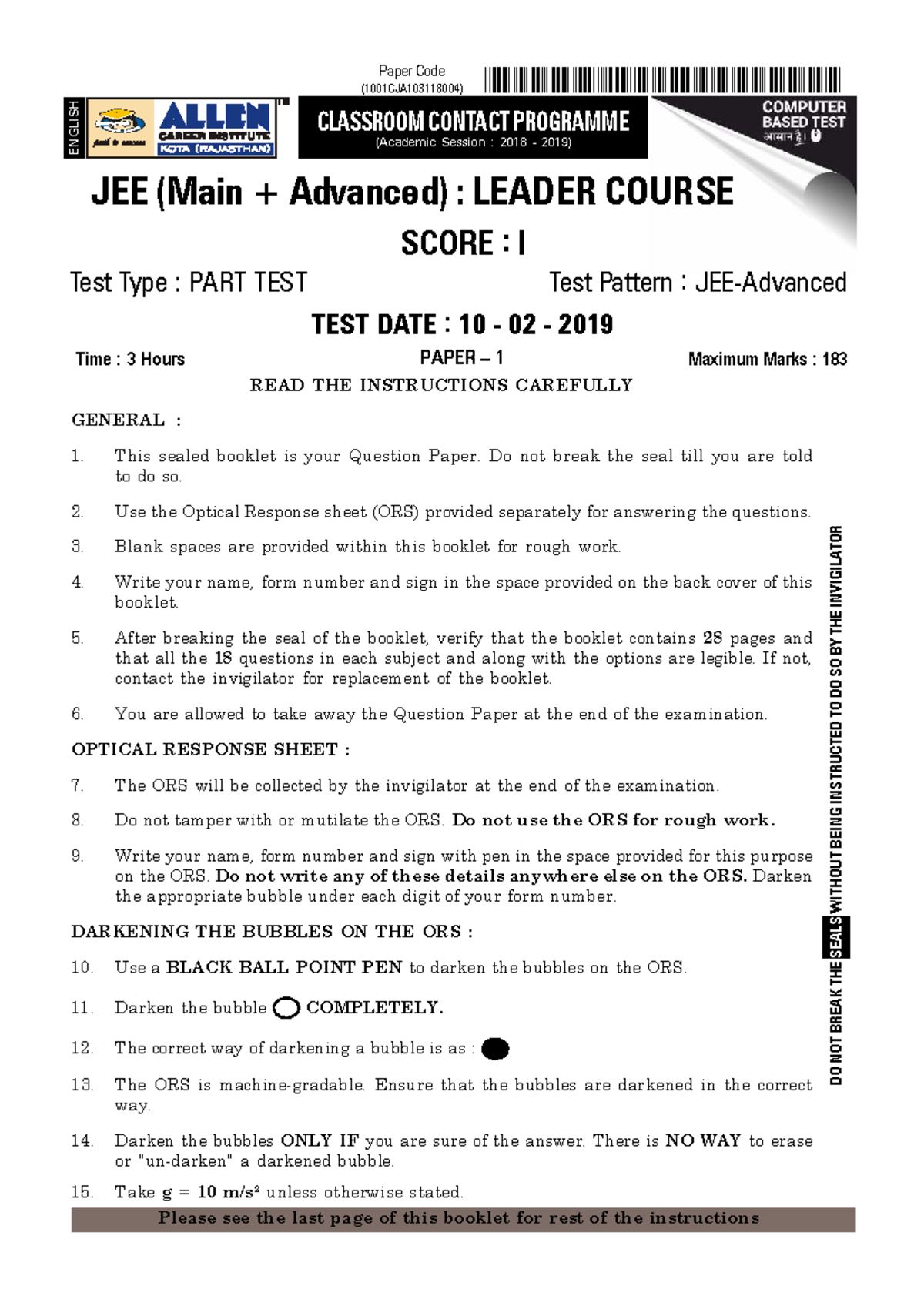 JEE (Main Advanced) 2019 Paper Code 1001CJA103118004 - Test ...