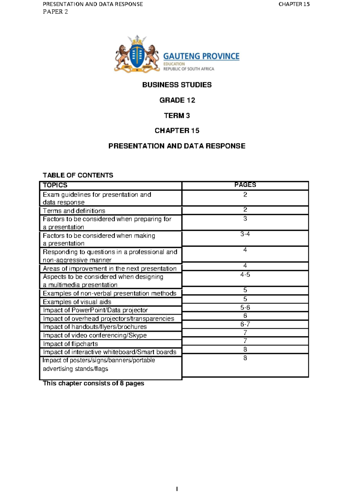 PRESENTATION AND DATA RESPONSE PAPER 2: CHAPTER 15 BUSINESS STUDIES ...