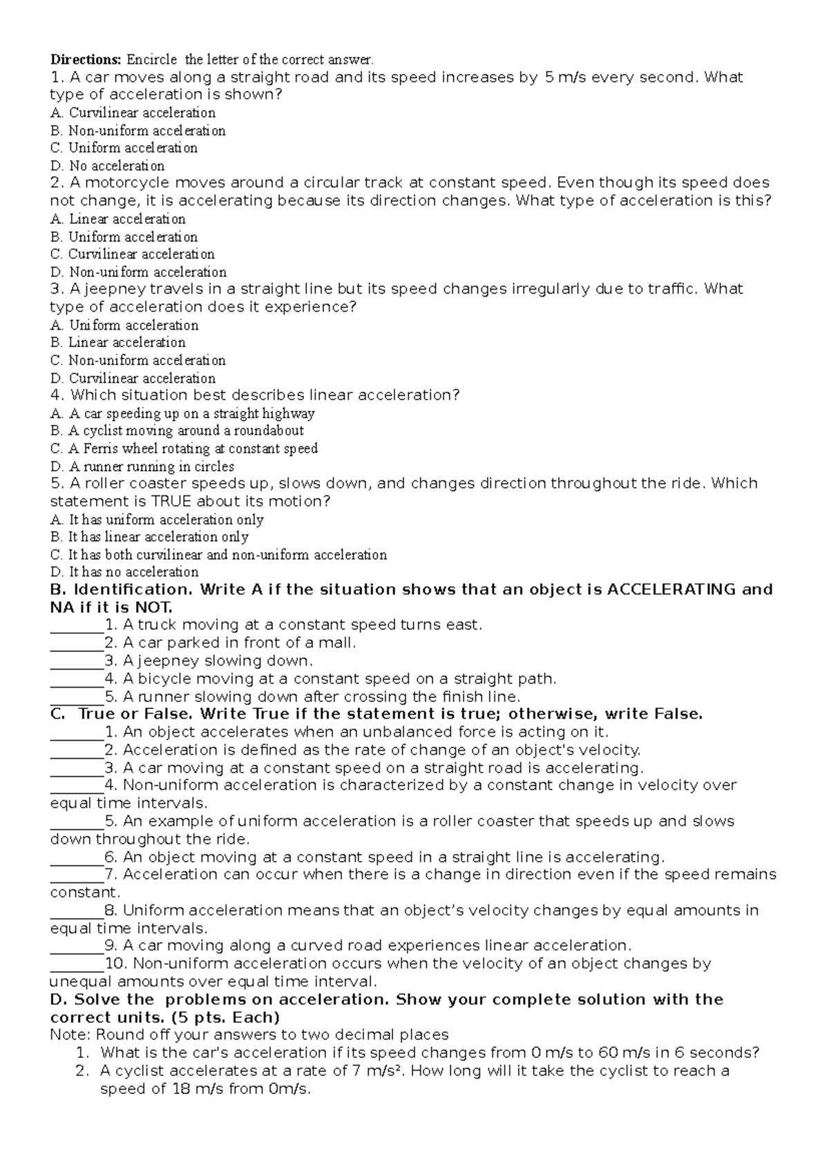 Grade 8 - Quiz on Acceleration Concepts - Science 8 Quarter 4 - Studocu