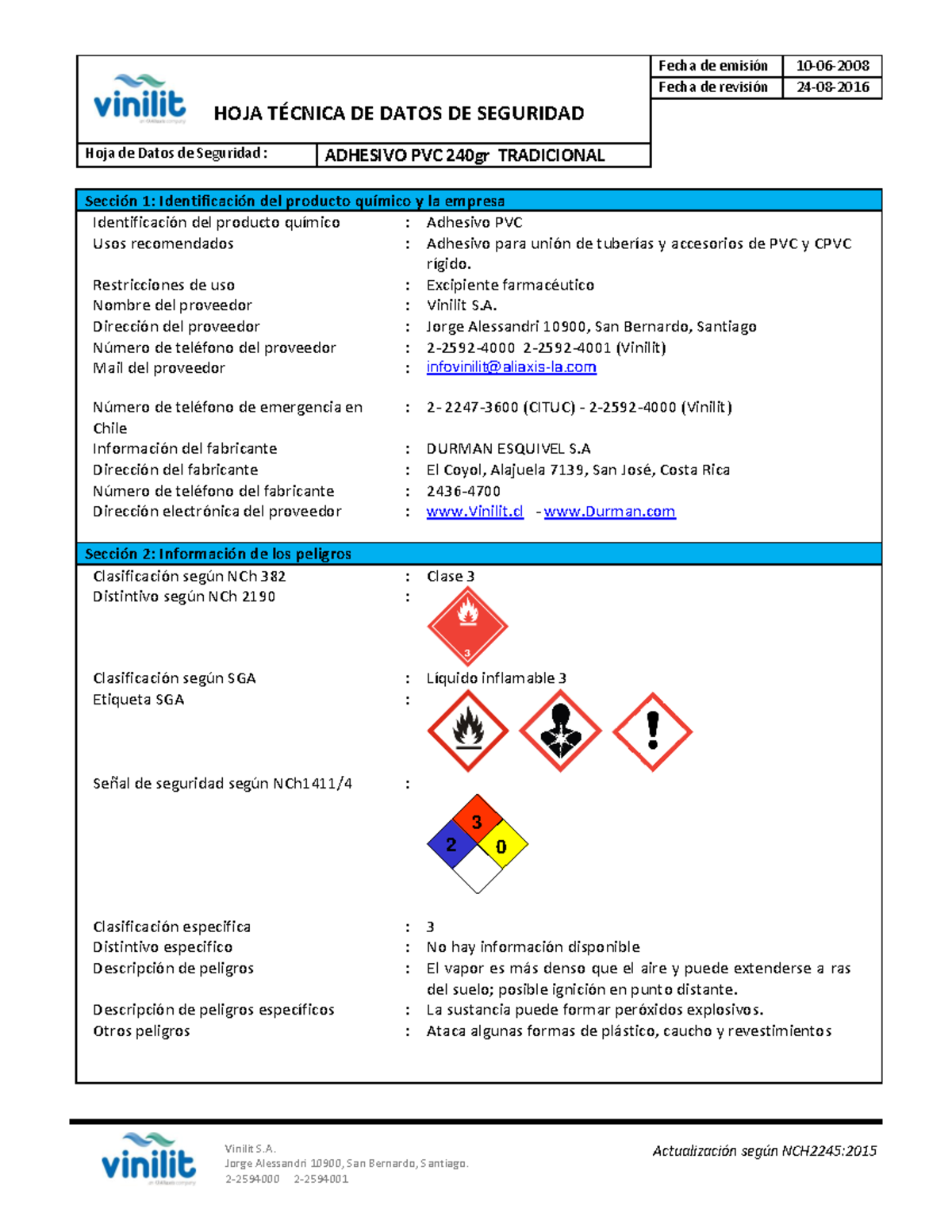 Hoja de Seguridad HDS: Adhesivo PVC Tradicional 240gr - Vinilit - Studocu