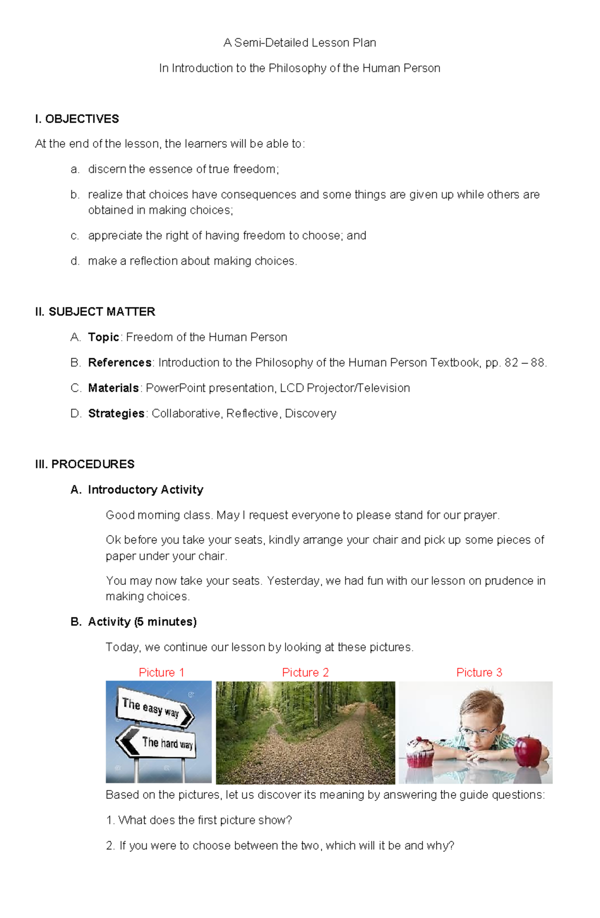 Lesson Plan: Freedom of the Human Person - PHIL 101 - Studocu