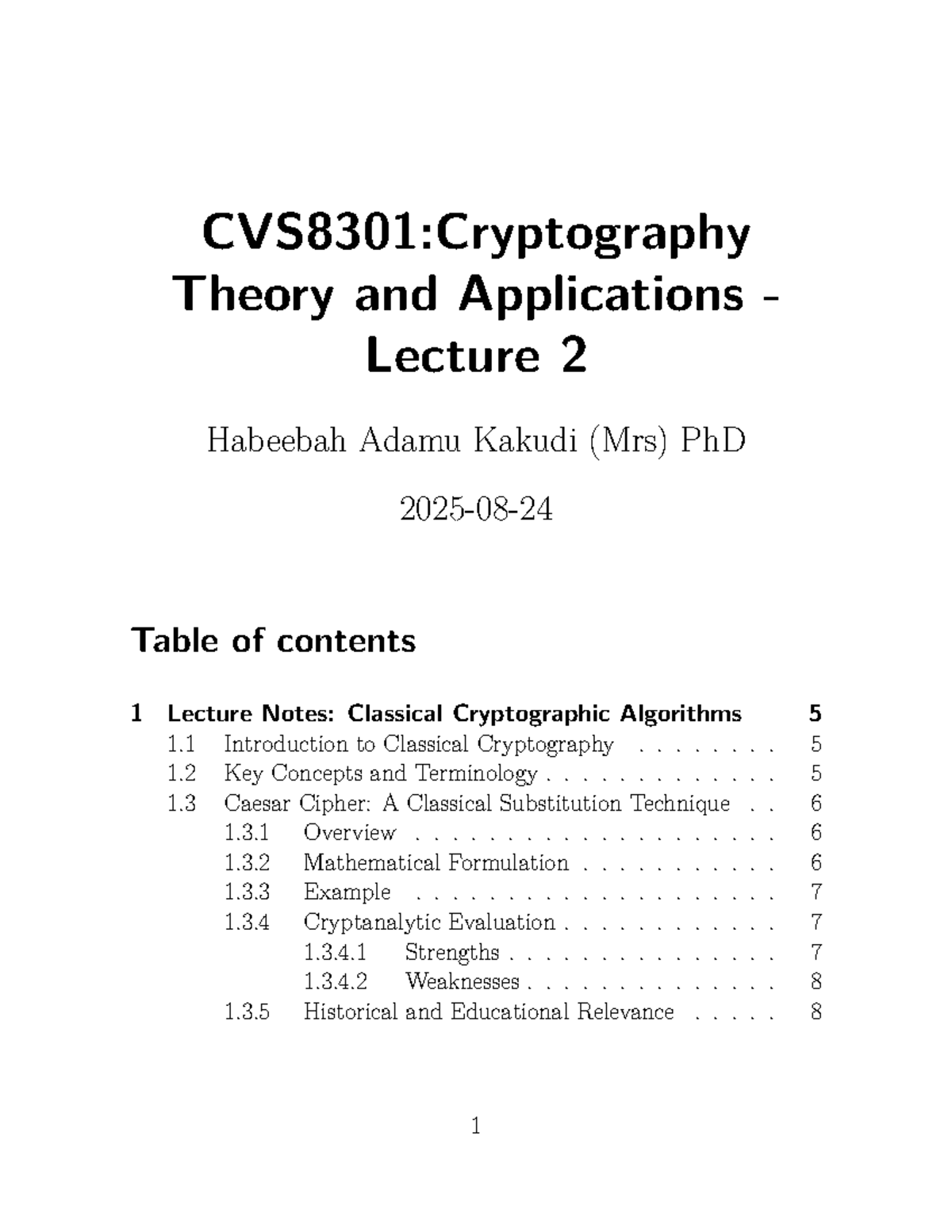 MSC-Cryptography: Lecture 2 - Classical Cryptographic Algorithms - Studocu