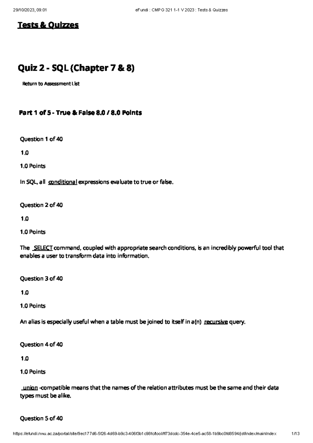 Quiz 2 - SQL: Key Concepts from Chapter 7 & 8 - Studocu