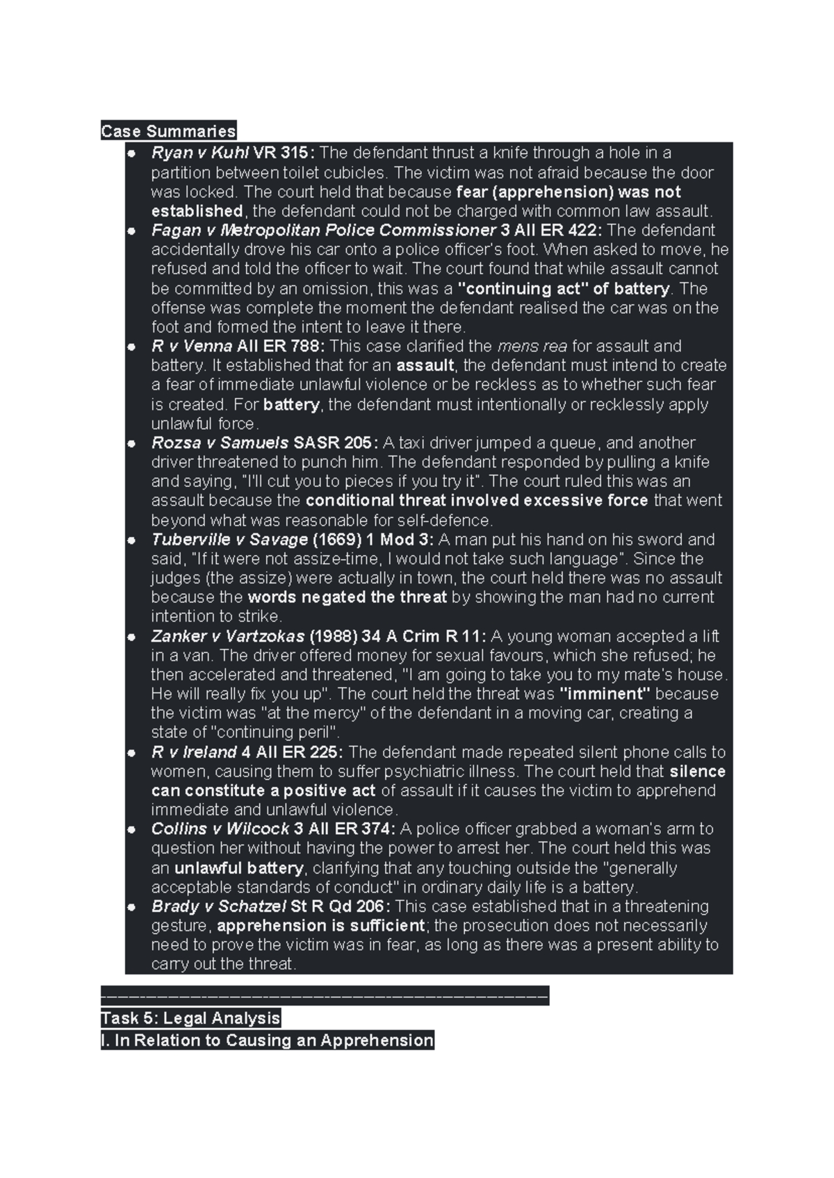 Case Summaries VR 315: Legal Analysis of Assault and Battery Cases ...