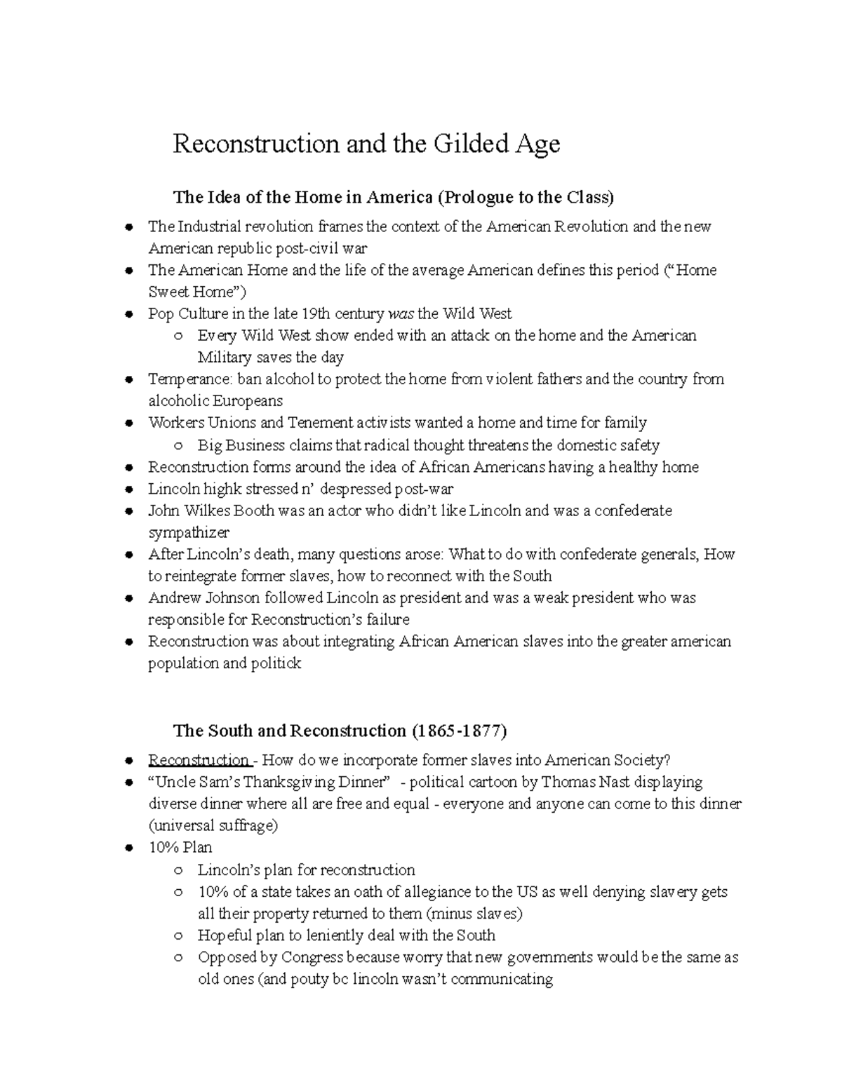 US History Class Notes: Reconstruction & the Gilded Age Overview - Studocu