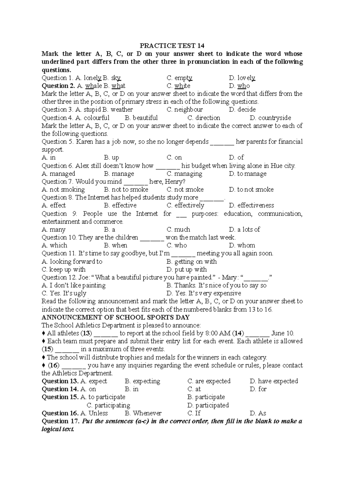 Practice Test 14 - Pronunciation and Stress Questions - Studocu