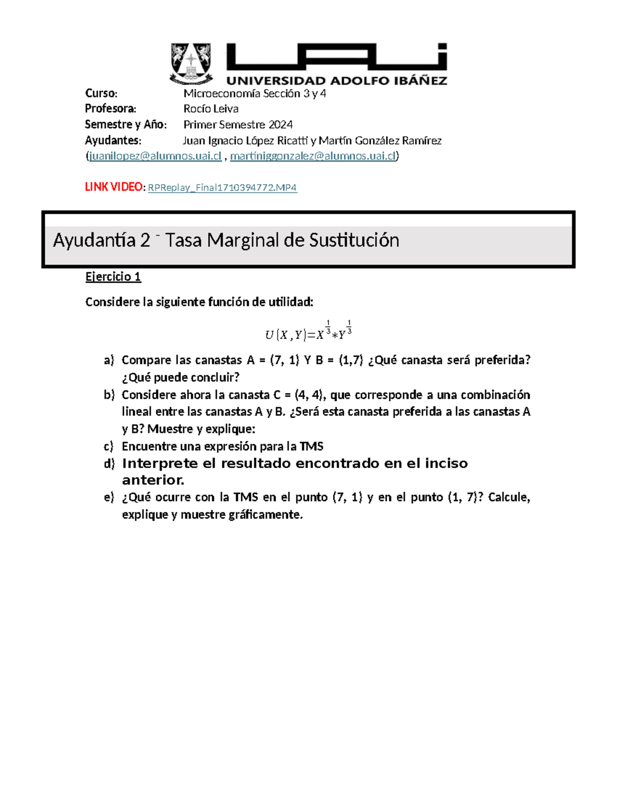 Ayudantía 2: Tasa Marginal de Sustitución en Microeconomía 2024 - Studocu