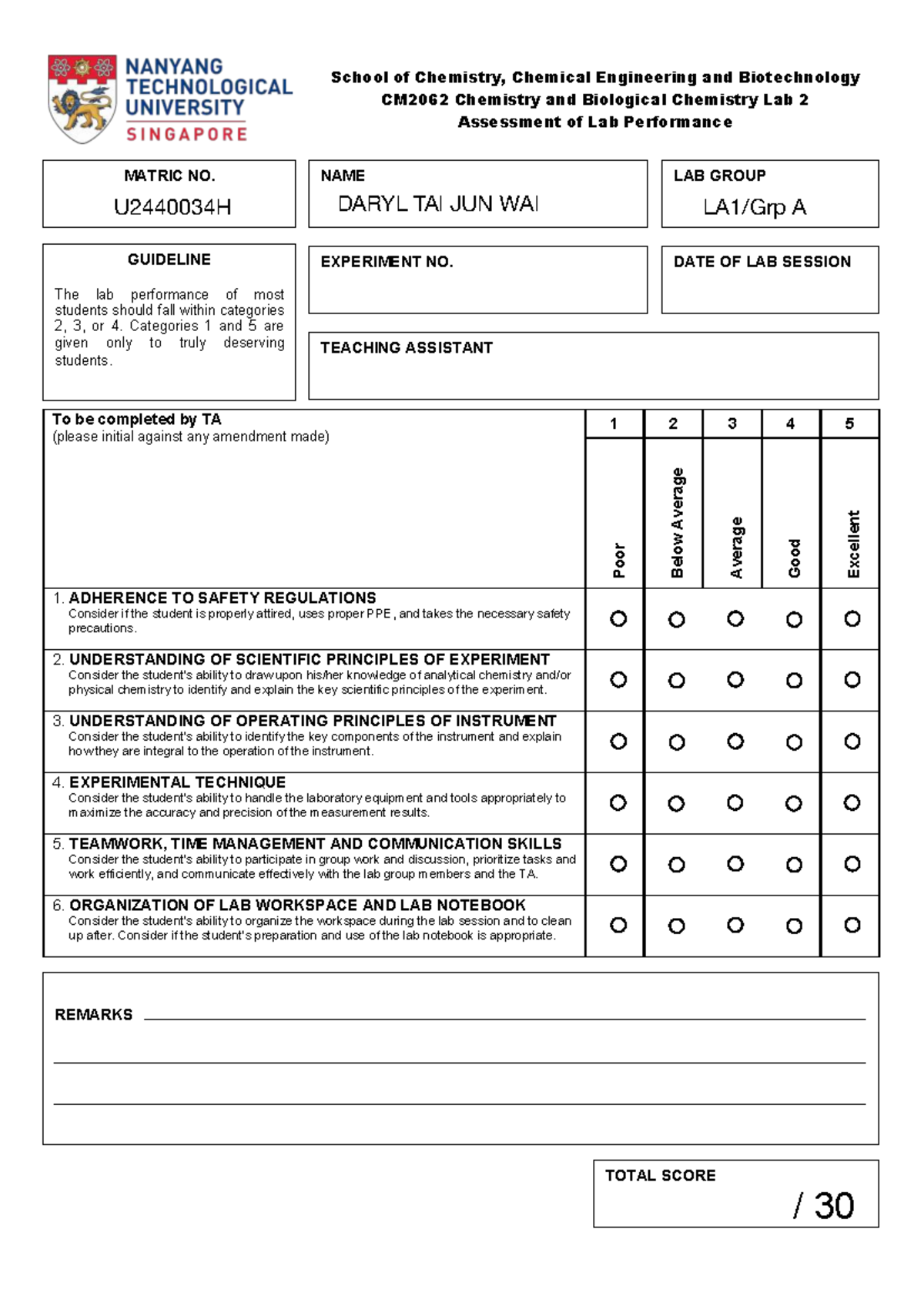 CM2062 Lab Performance Evaluation - Chemistry & BioChemistry - Studocu