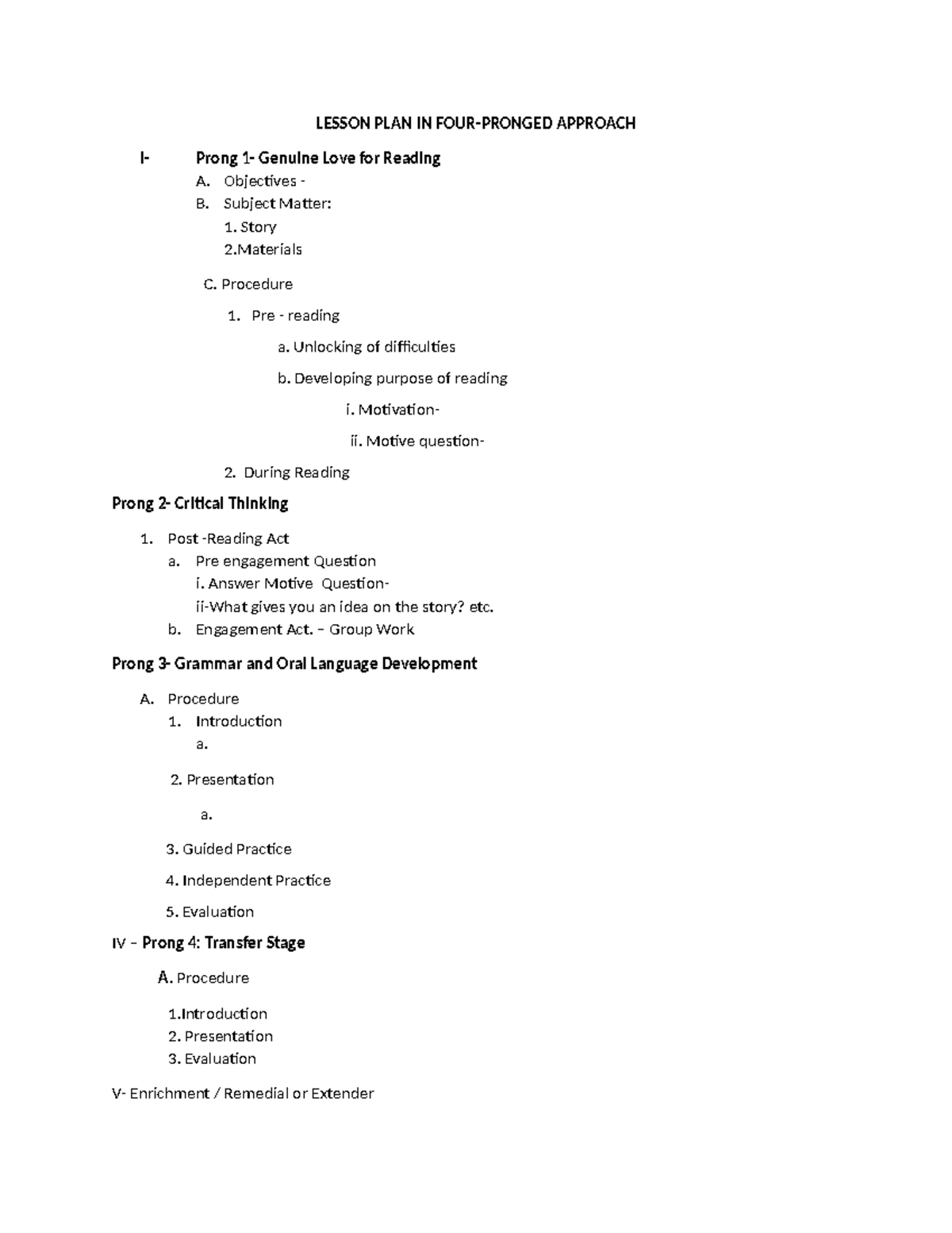 Lesson Plan: Four-Pronged Approach to Reading & Language Development ...