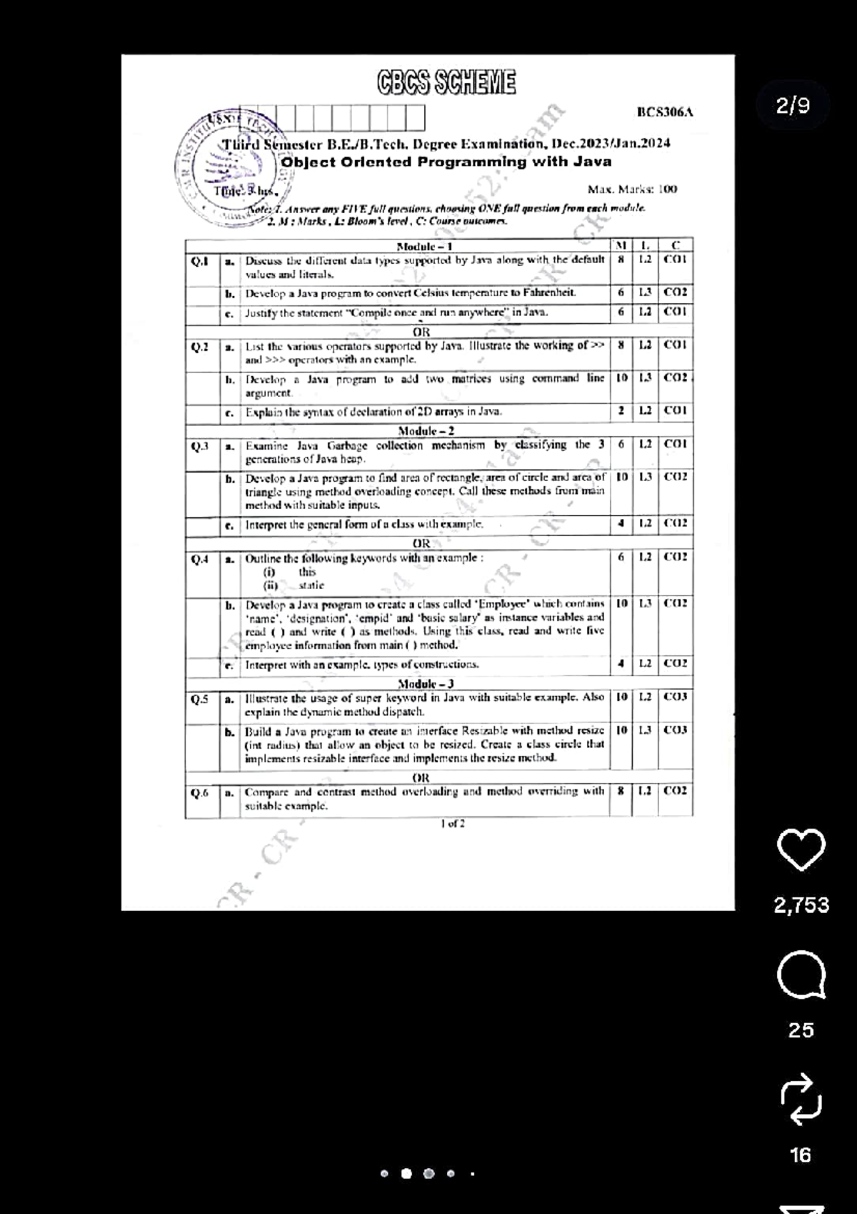CBCS BCS306A Third Semester Exam: Object Oriented Programming with Java ...